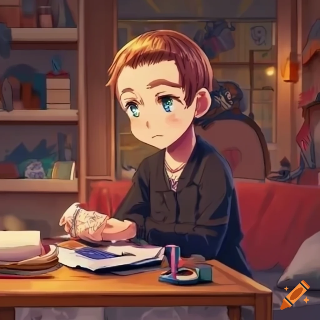 Anime ryan stiles studying shoes in a cozy room on Craiyon