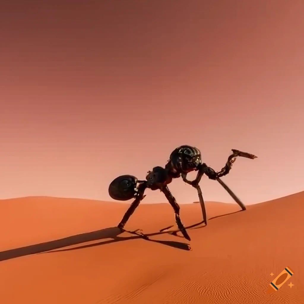 Giant ant-shaped mech robot in futuristic desert landscape on Craiyon