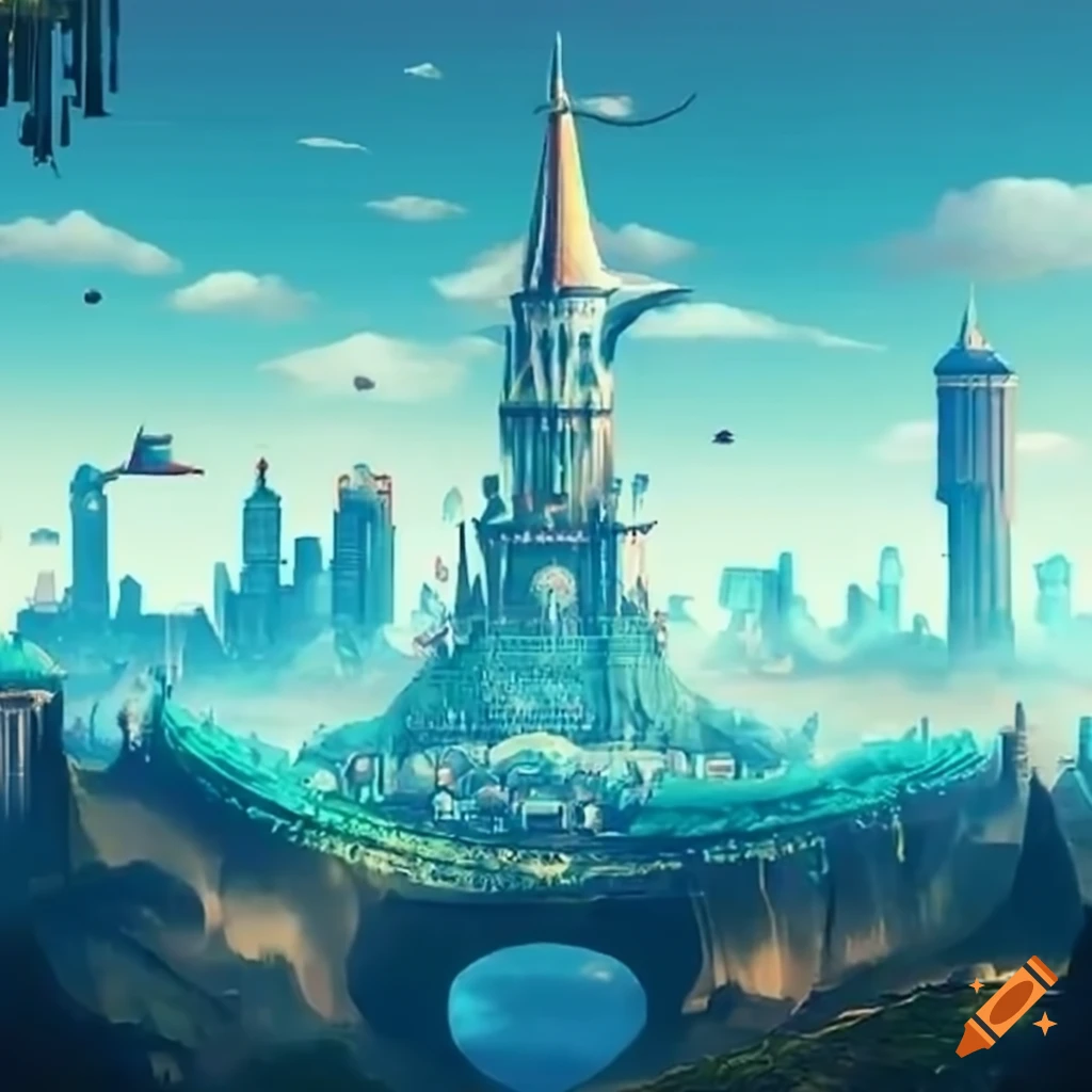 Magical flying city, a city on a flying island in a fantasy day time ...