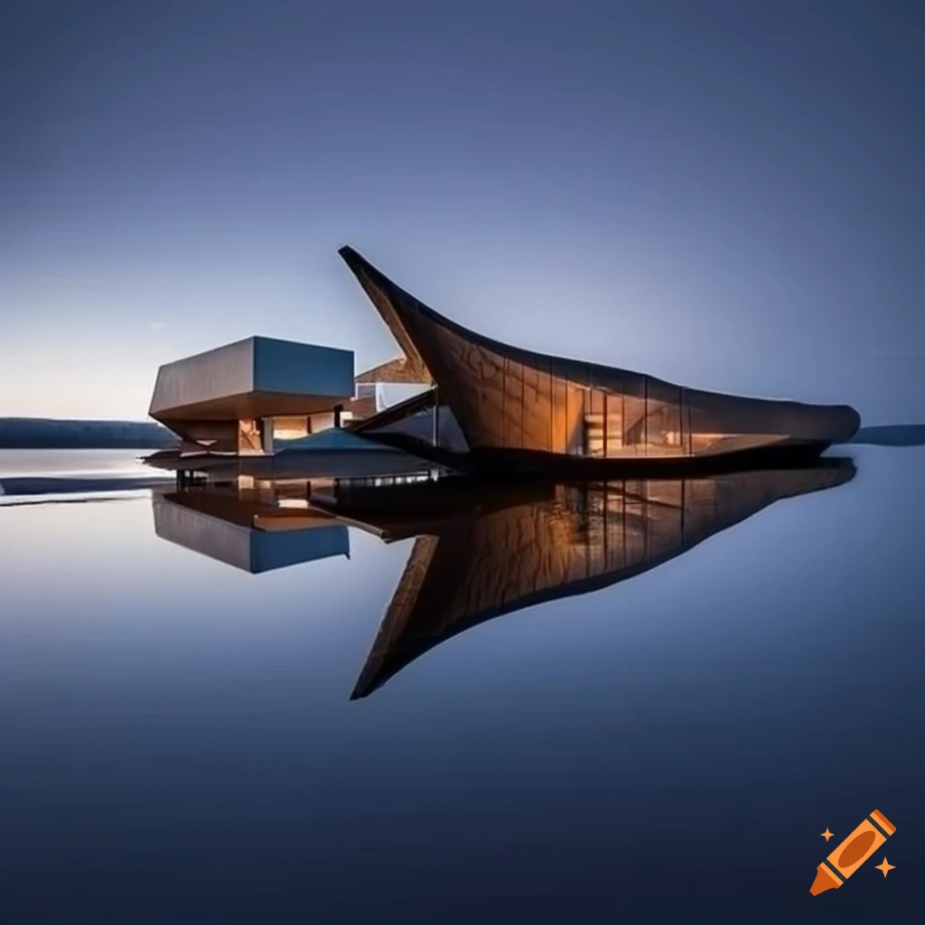 Minimalist soaring house surrounded by floating man-made structures on Craiyon