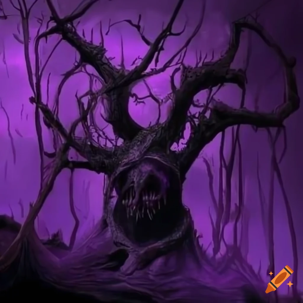 Evil creatures and monsters in a dark purple setting with dead branches ...