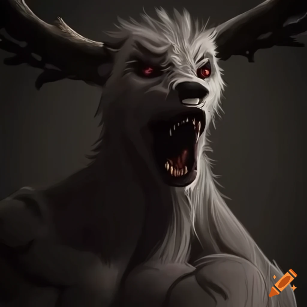 Friendly furry wendigo with dark black fur and white antlers on Craiyon