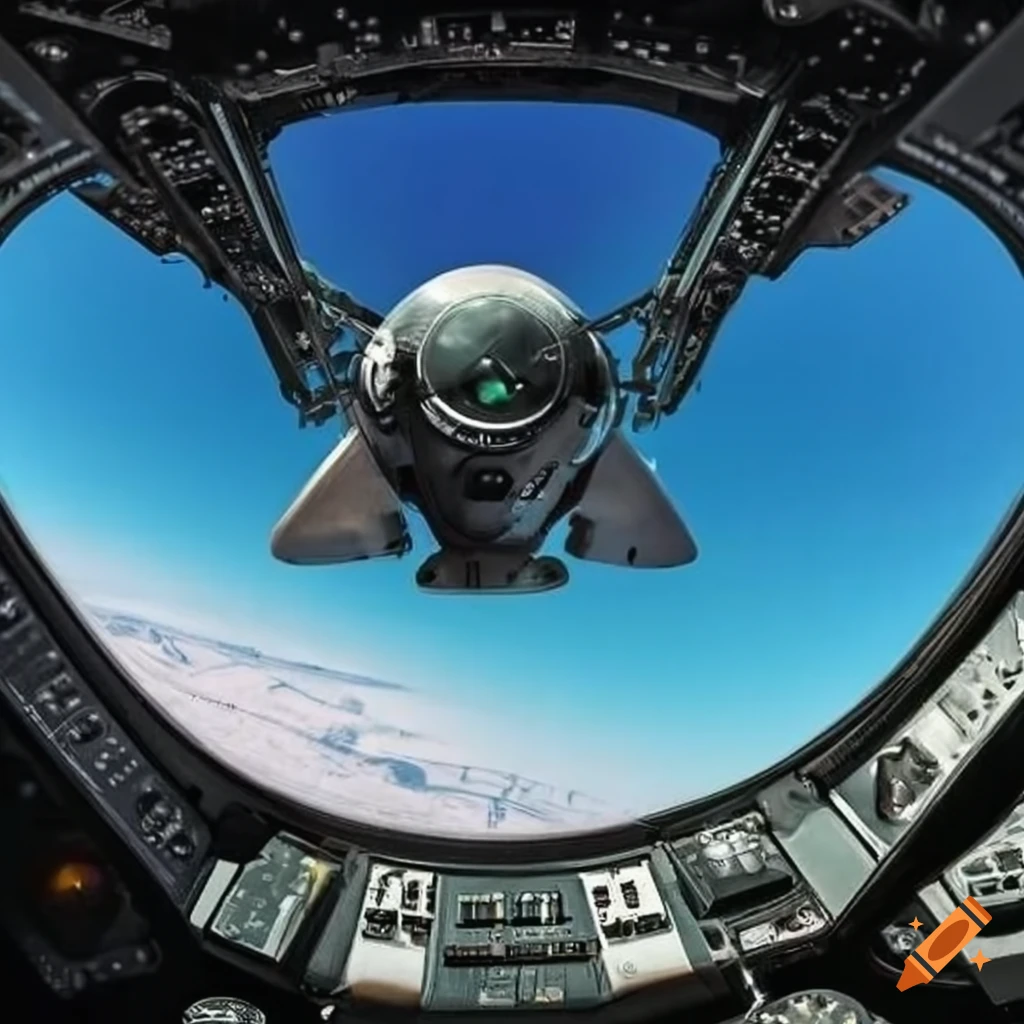 Wide view of spaceship cockpit operated by lady on Craiyon