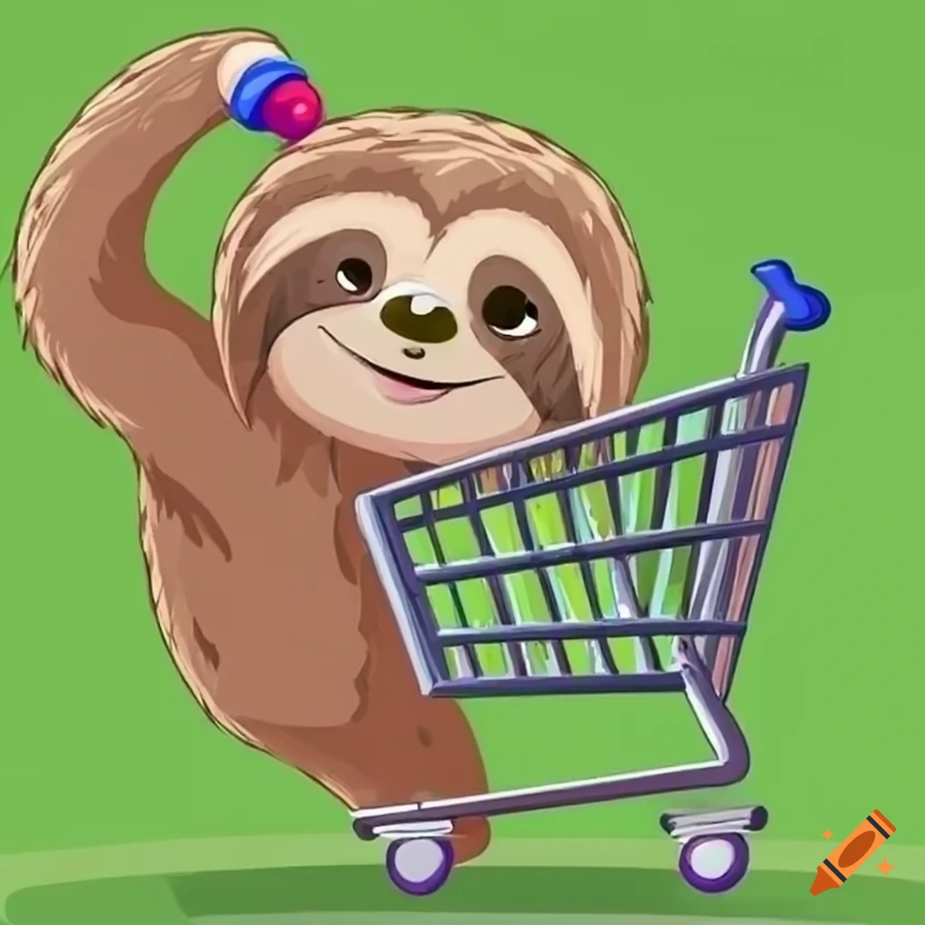 Colorful cartoon of a happy sloth pushing a grocery cart on Craiyon