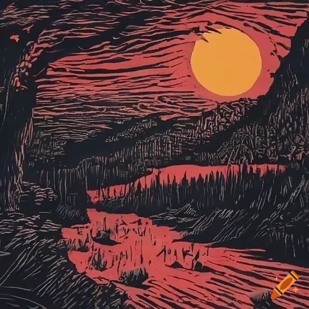 Linocut illustration of surreal landscape with wind and rain at sunrise on Craiyon