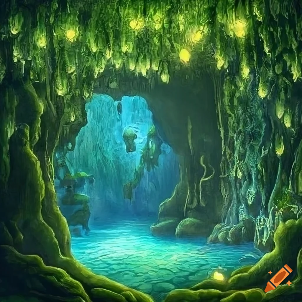 Lush cave with magical glowing berries and serene terraced pools on Craiyon