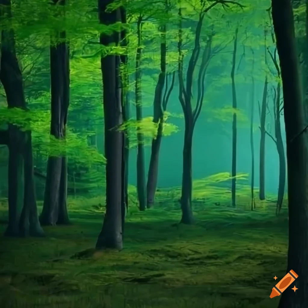 Bright green forest with various tree types on Craiyon