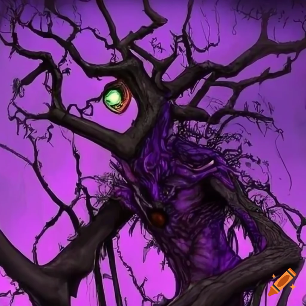 Evil creatures and monsters in a dark purple setting with dead branches ...