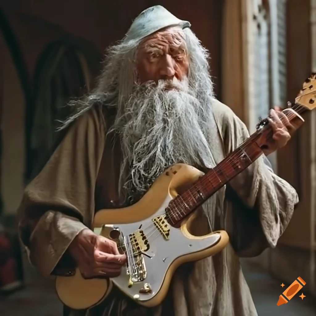 Gandalf playing a fender stratocaster guitar in rivendell on Craiyon