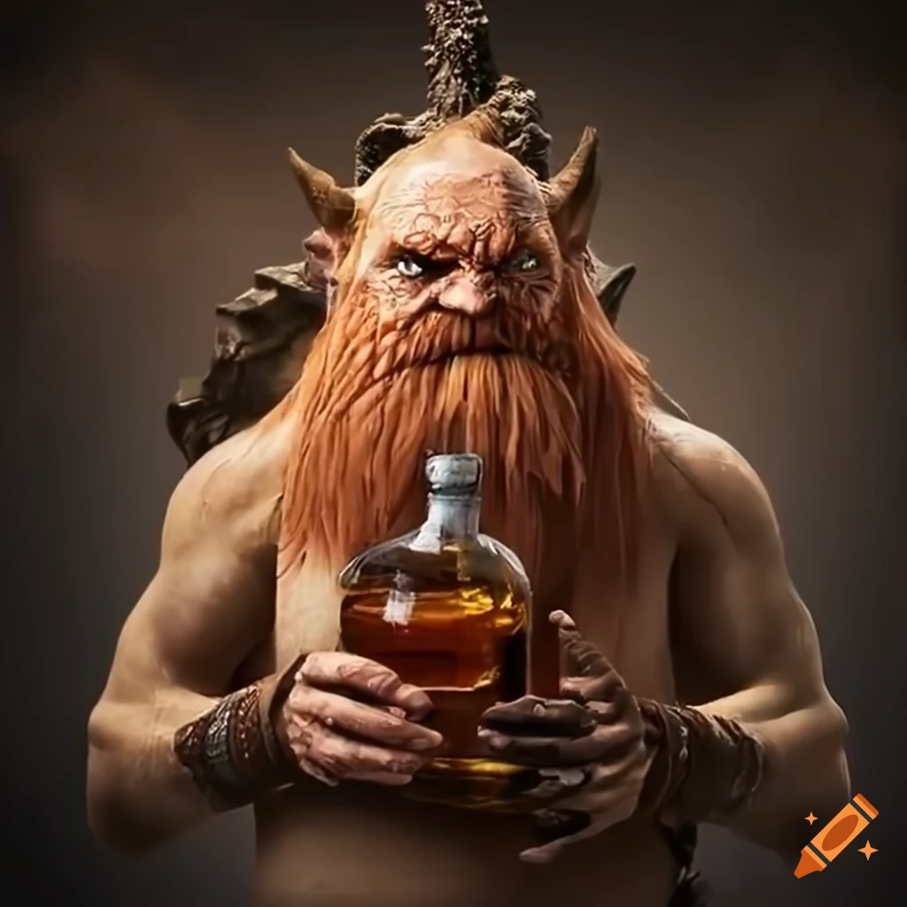Dwarf with giant whisky bottle in a magical forest ruin on Craiyon