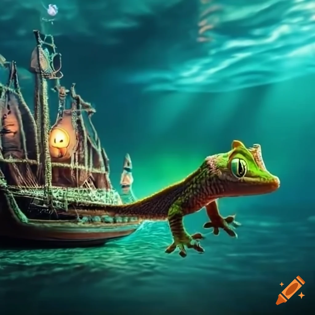 Crested geckos on a pirate ship with green aliens in the ocean on Craiyon
