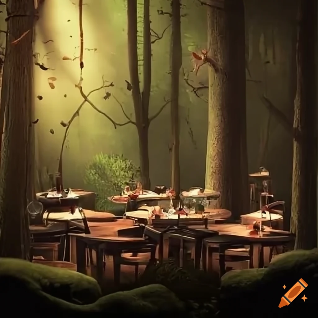 Restaurant nestled in the forest on Craiyon