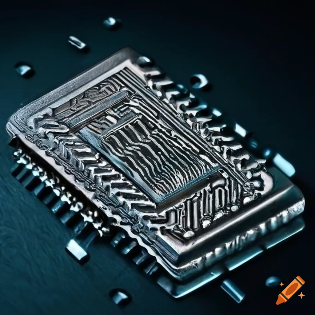 Integrated circuit die in damascus steel pattern with pins on Craiyon