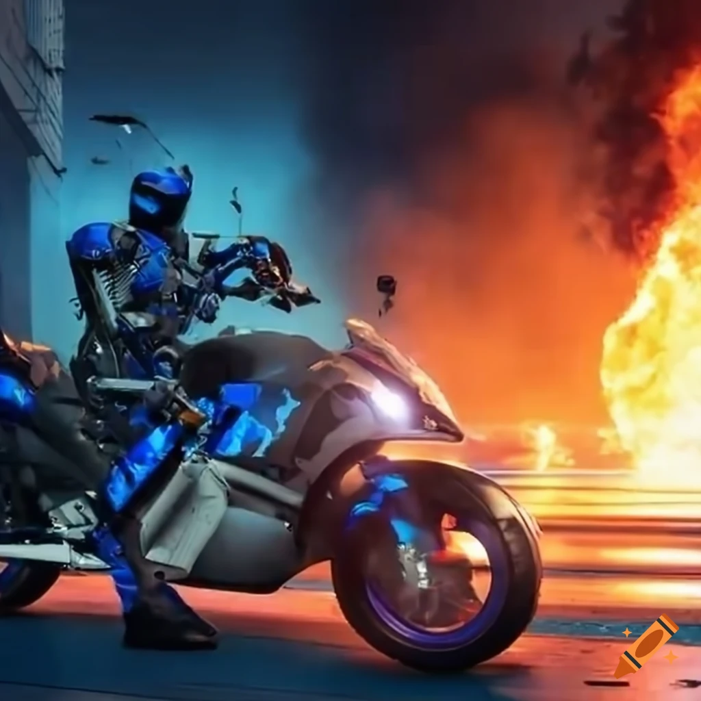 Fast robotic blue motorbike with rider driving through a city street ...