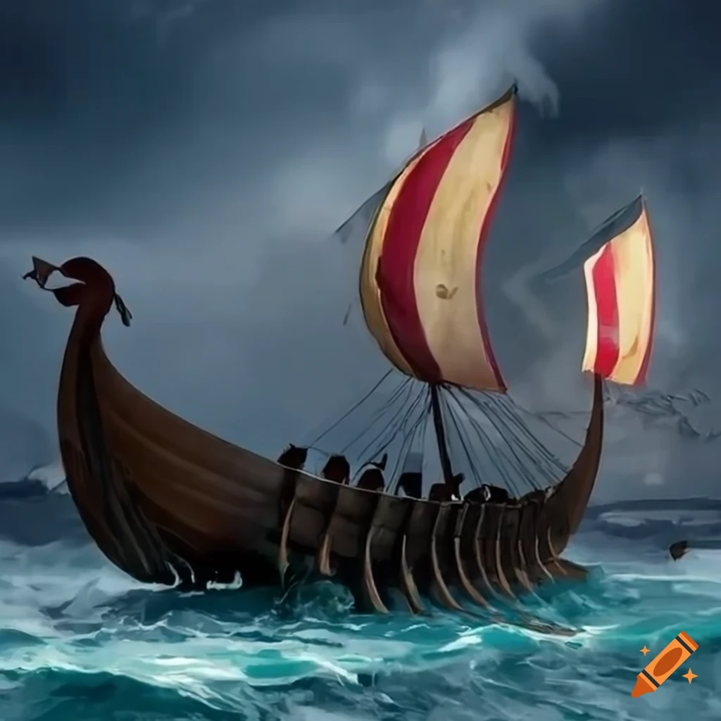 Viking long ship prow beast navigating rough waves with stormy sky on ...