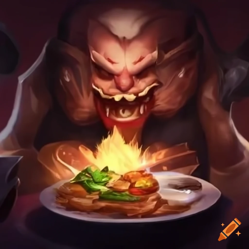 Logo with a plate of food and a League of Legends character eating on ...