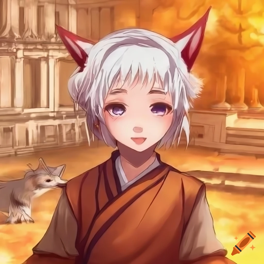 Anime monk girl with fox features in a medieval fantasy temple on Craiyon