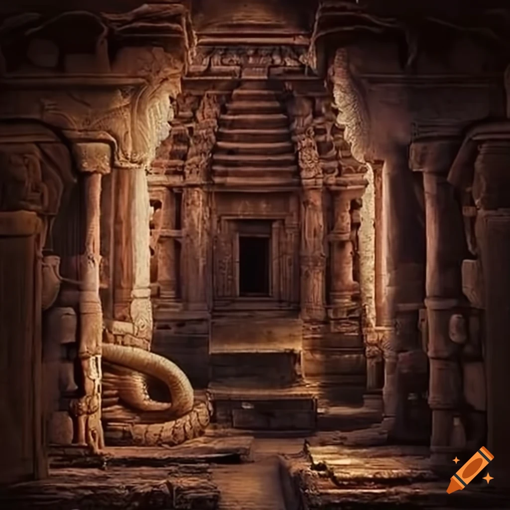Mysterious ancient temple decorated with vines and snakes on Craiyon