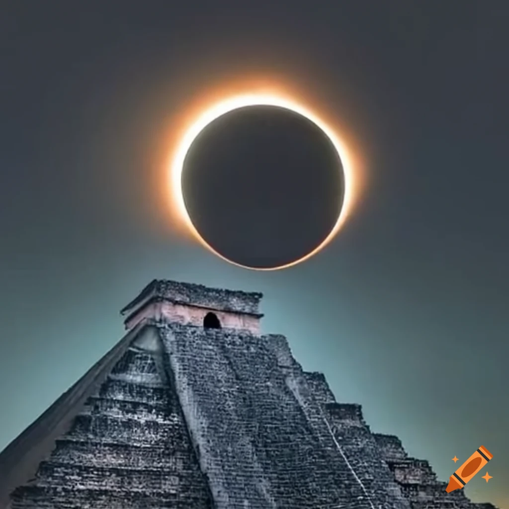 Total solar eclipse over ancient mexican pyramids with black sky on Craiyon