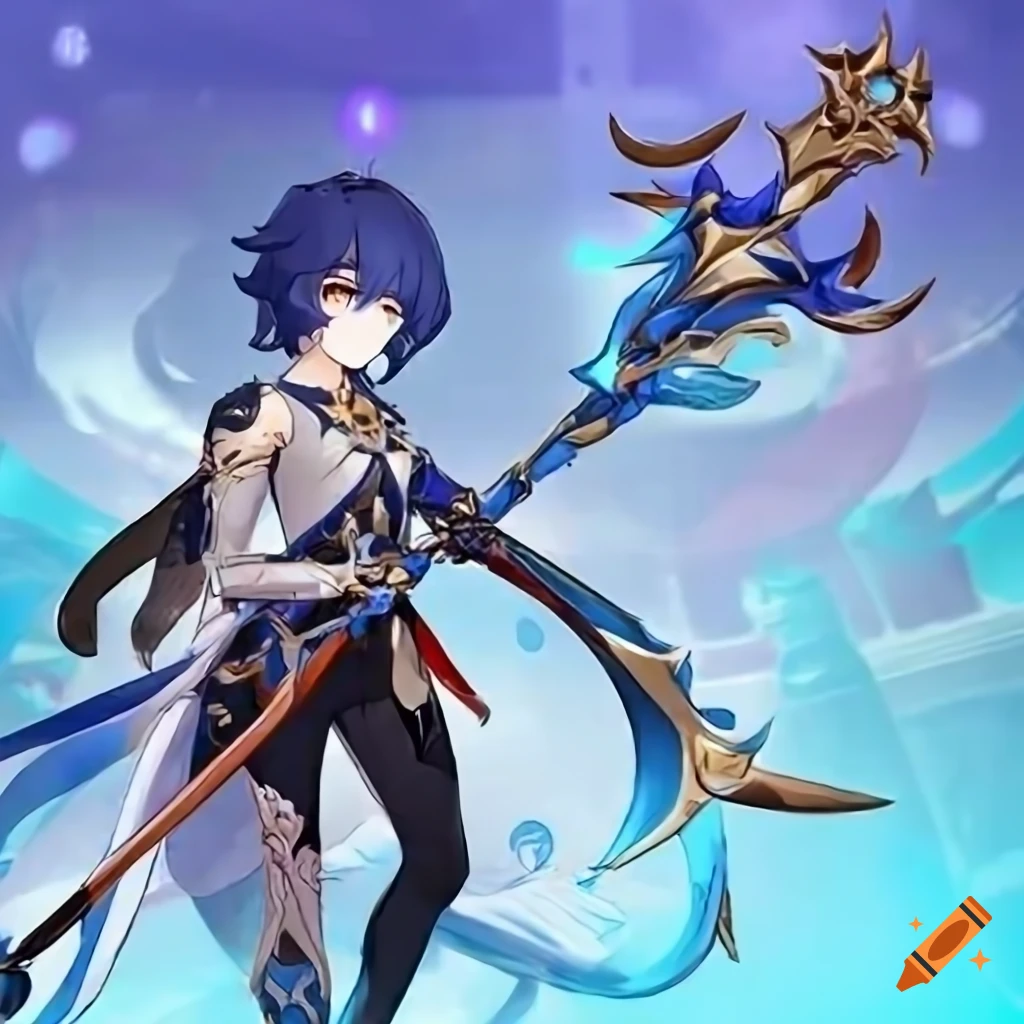 Full body hydro polearm character from genshin impact on Craiyon
