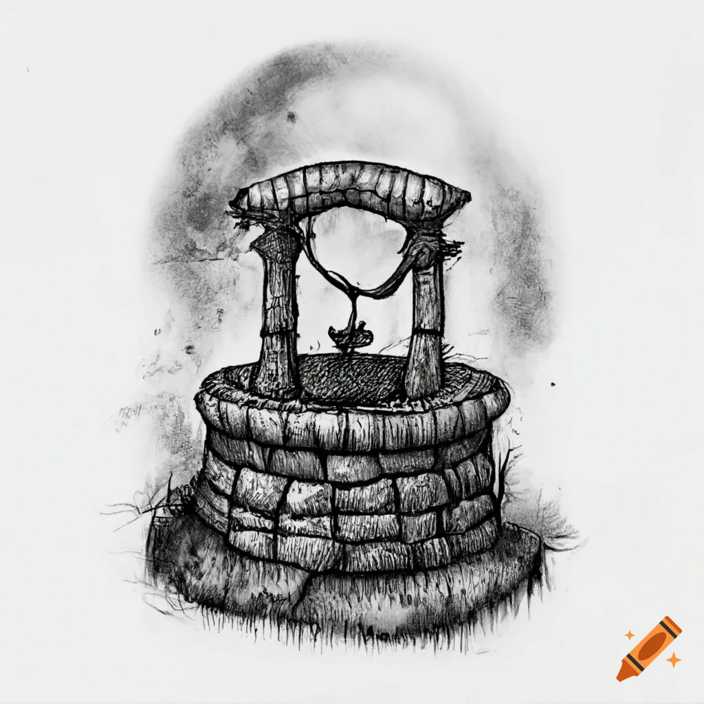 Creepy black and white drawing of a well in a foggy town on Craiyon