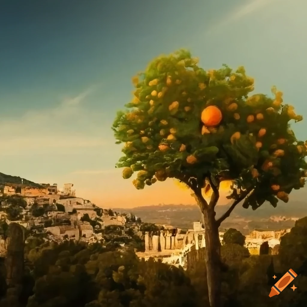 Athens landscape with orange tree in foreground and ancient temples in ...