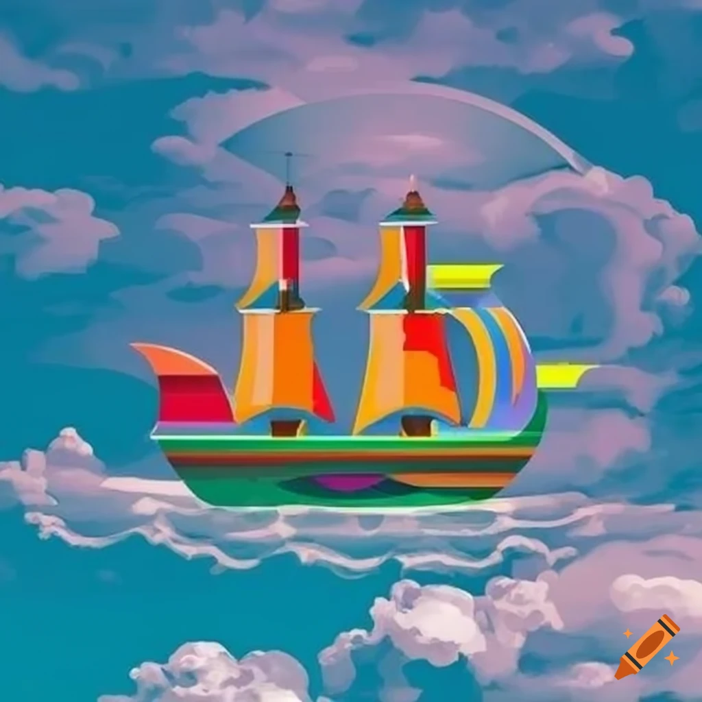 Colorful ship with indian culture sails in the sky with fluffy clouds ...