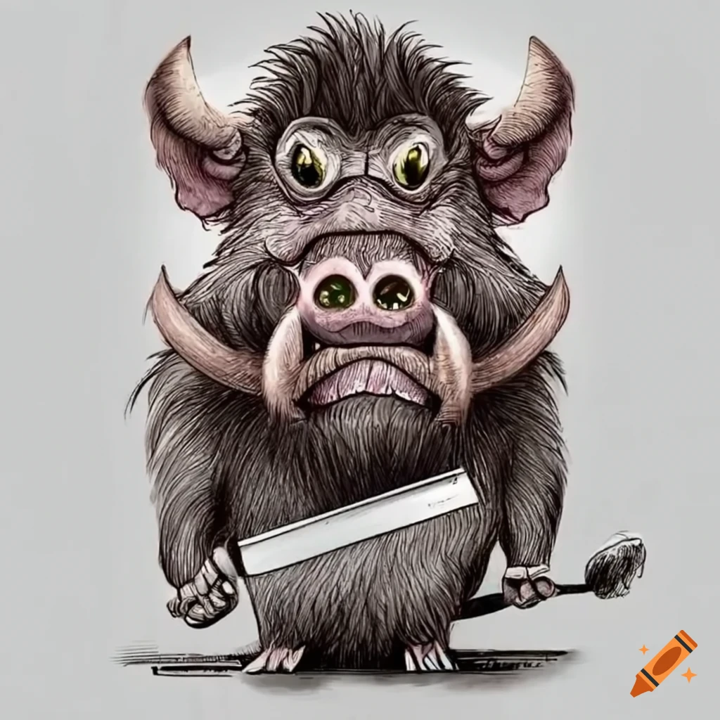 Cartoon boar with a big moustache holding barber's razors on Craiyon