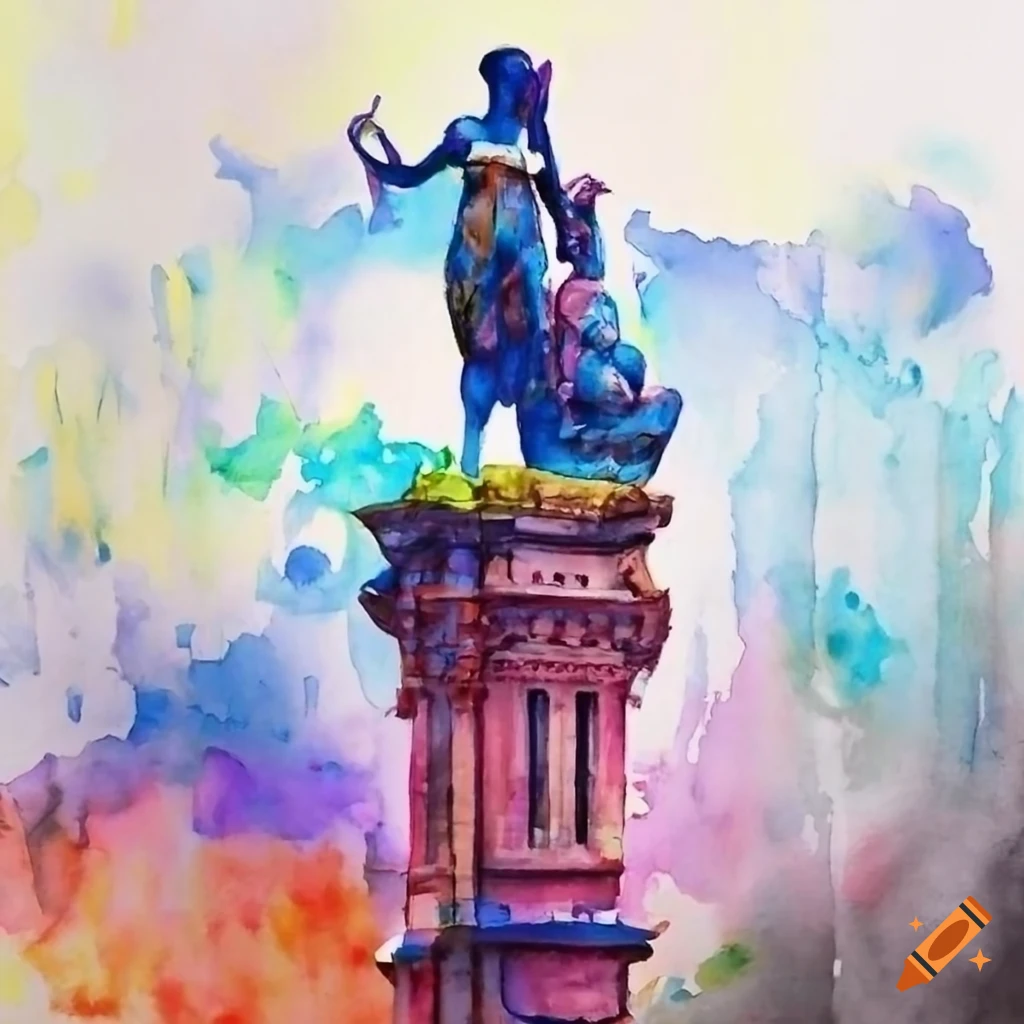 Watercolor art statue with surrounding buildings on Craiyon