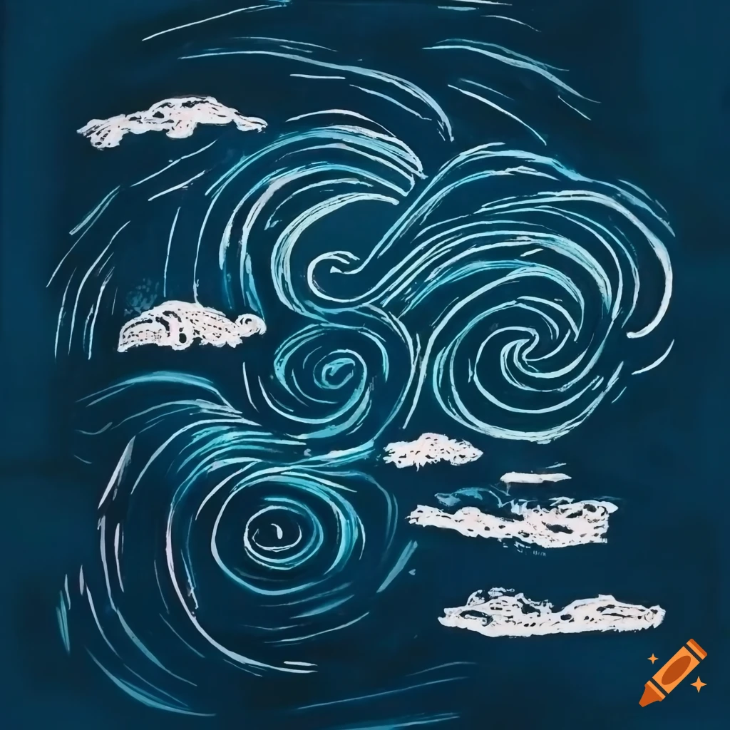 Swirling clouds in a linocut art style on Craiyon