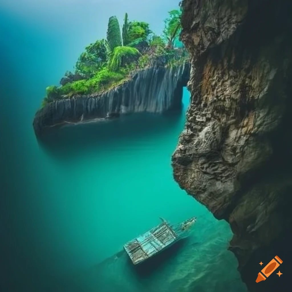 Hidden cove with cave entrance and sunken ship on a tropical island on ...