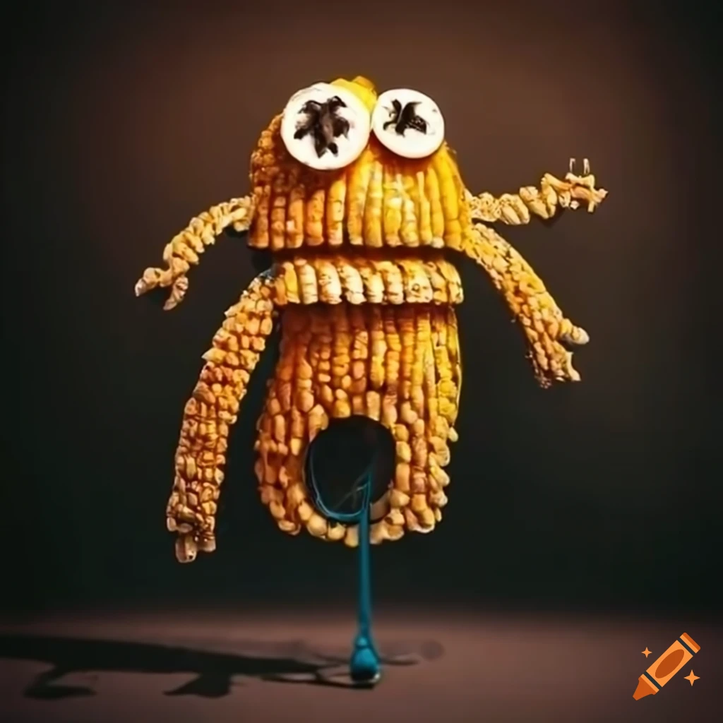 Cornflake monster riding a unicycle in the city street on Craiyon