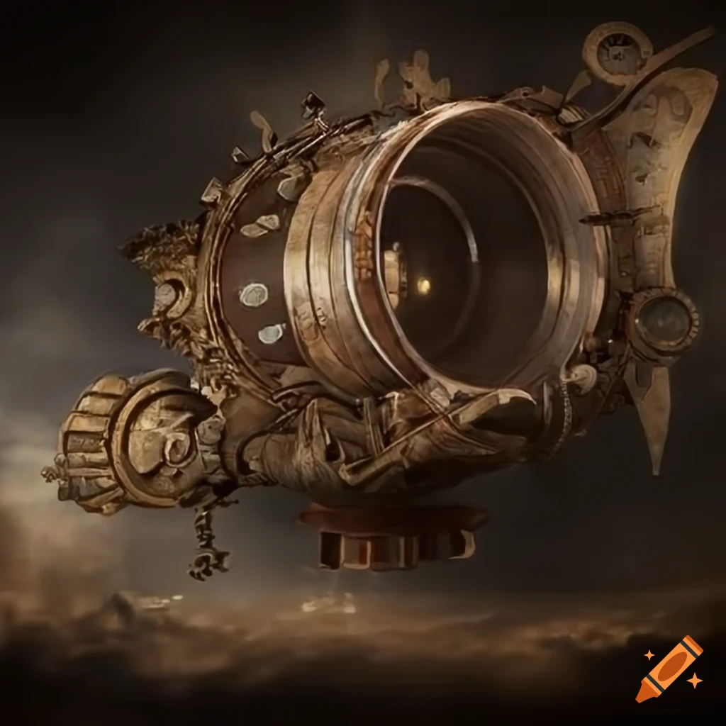 Steampunk flying machine with an apocalypse background on Craiyon