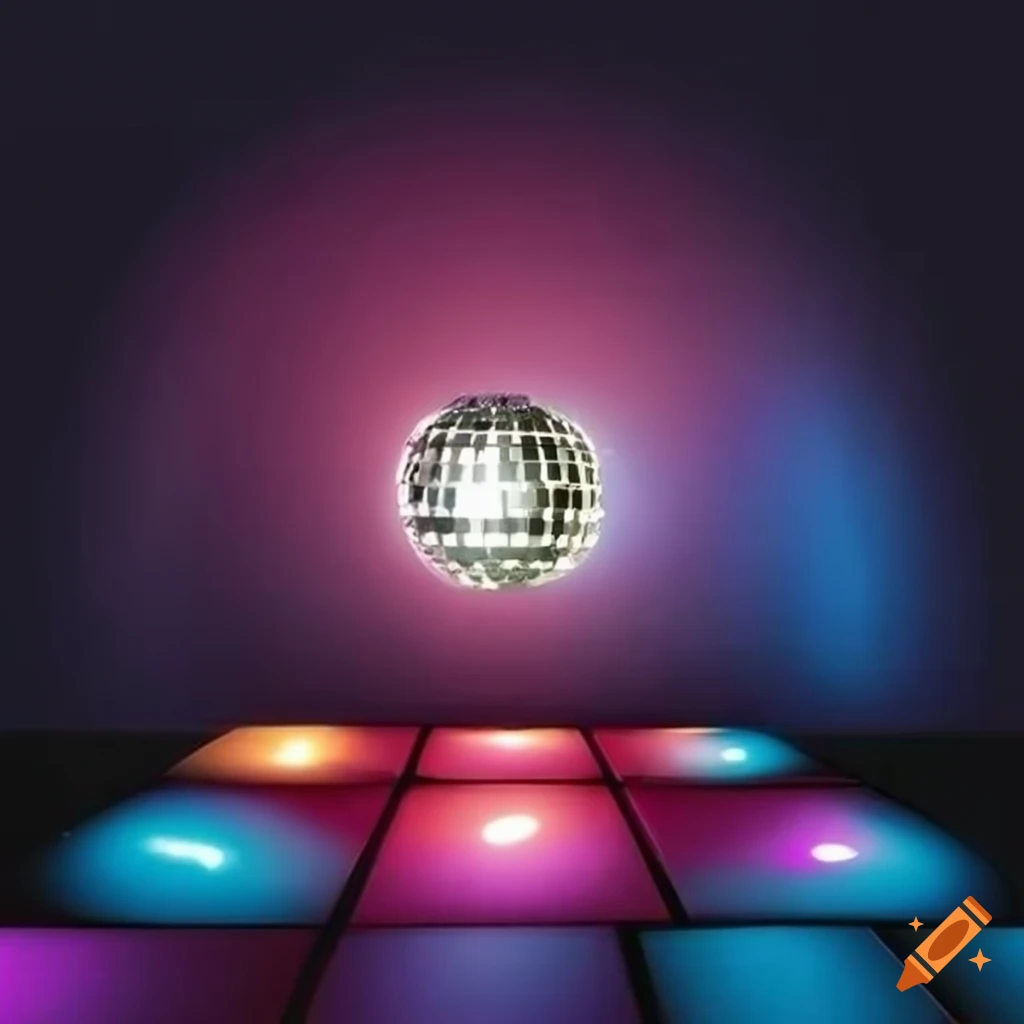 Shiny disco ball over a lit dance floor on Craiyon