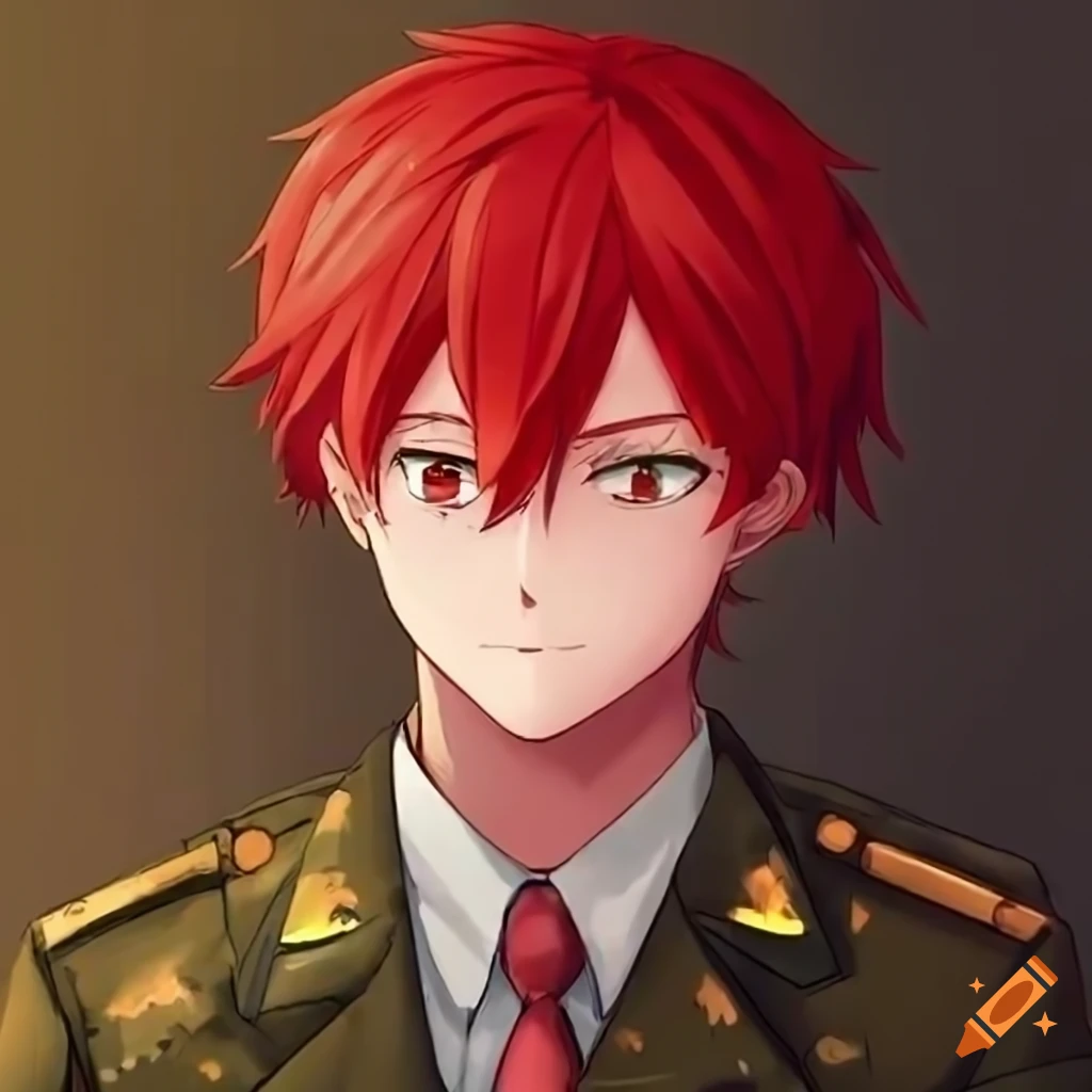 Anime character with red hair wearing army uniform on Craiyon