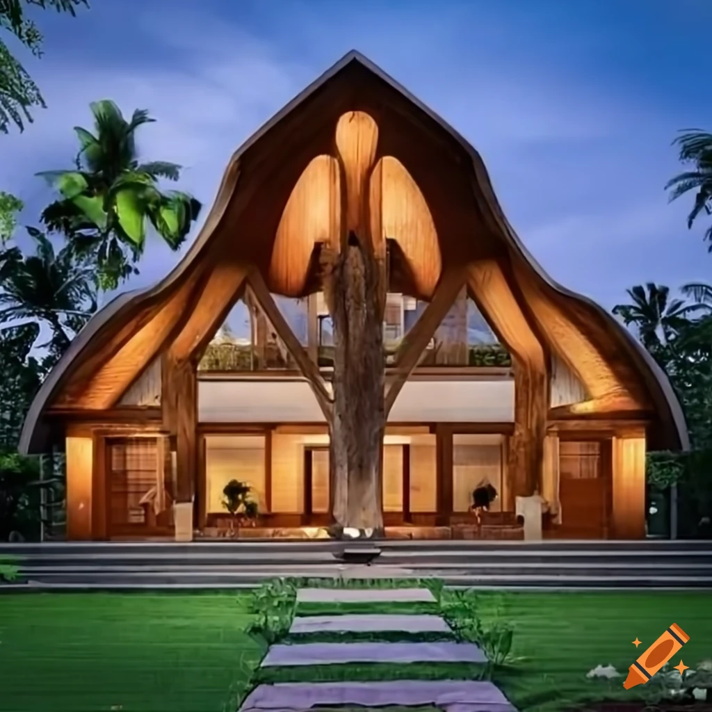 Front elevation of a residential home with a fusion of Asian tropical ...