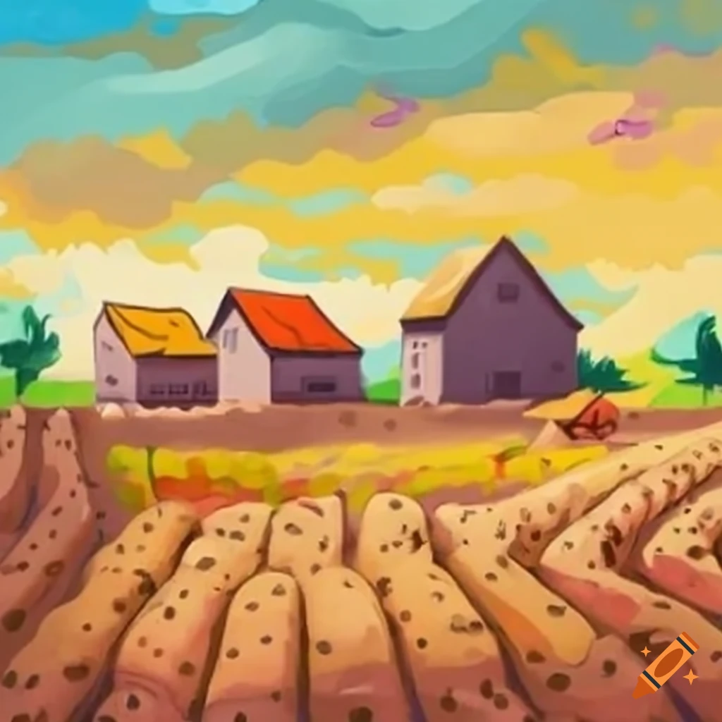 Cartoon illustration of potato farms on Craiyon