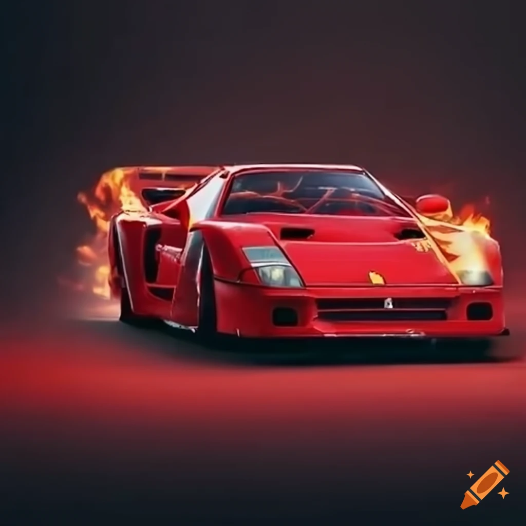 Red-winged ferrari f40 with fire coming from its rear end on Craiyon
