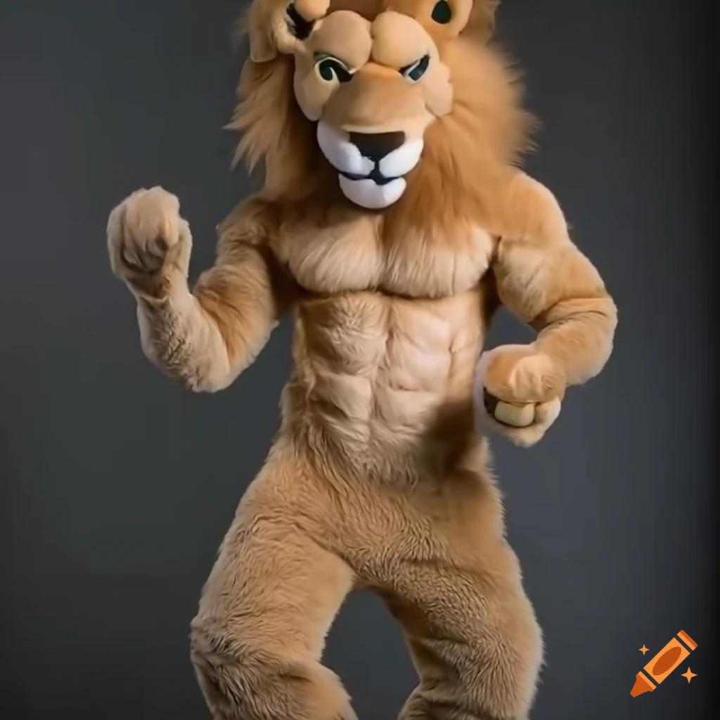 Father wearing realistic muscular lion mascot fursuit dancing with his ...