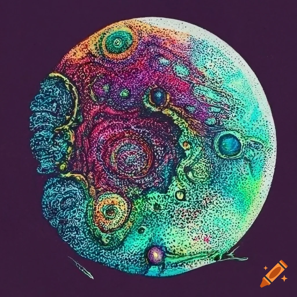 Alien planet illustration in color stipple drawing on Craiyon