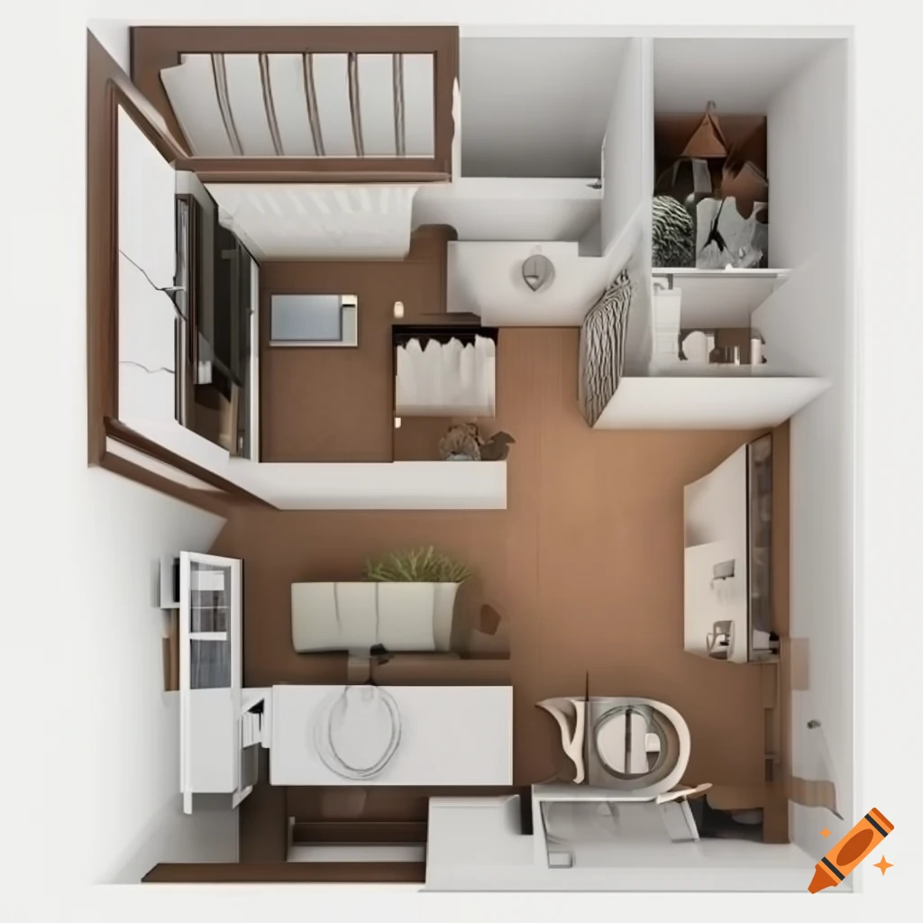 3D floorplan of a one-bedroom apartment with living room and bathroom ...