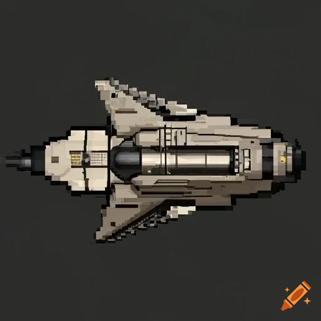 Top-down view of a high-resolution pixel art starship in space on Craiyon