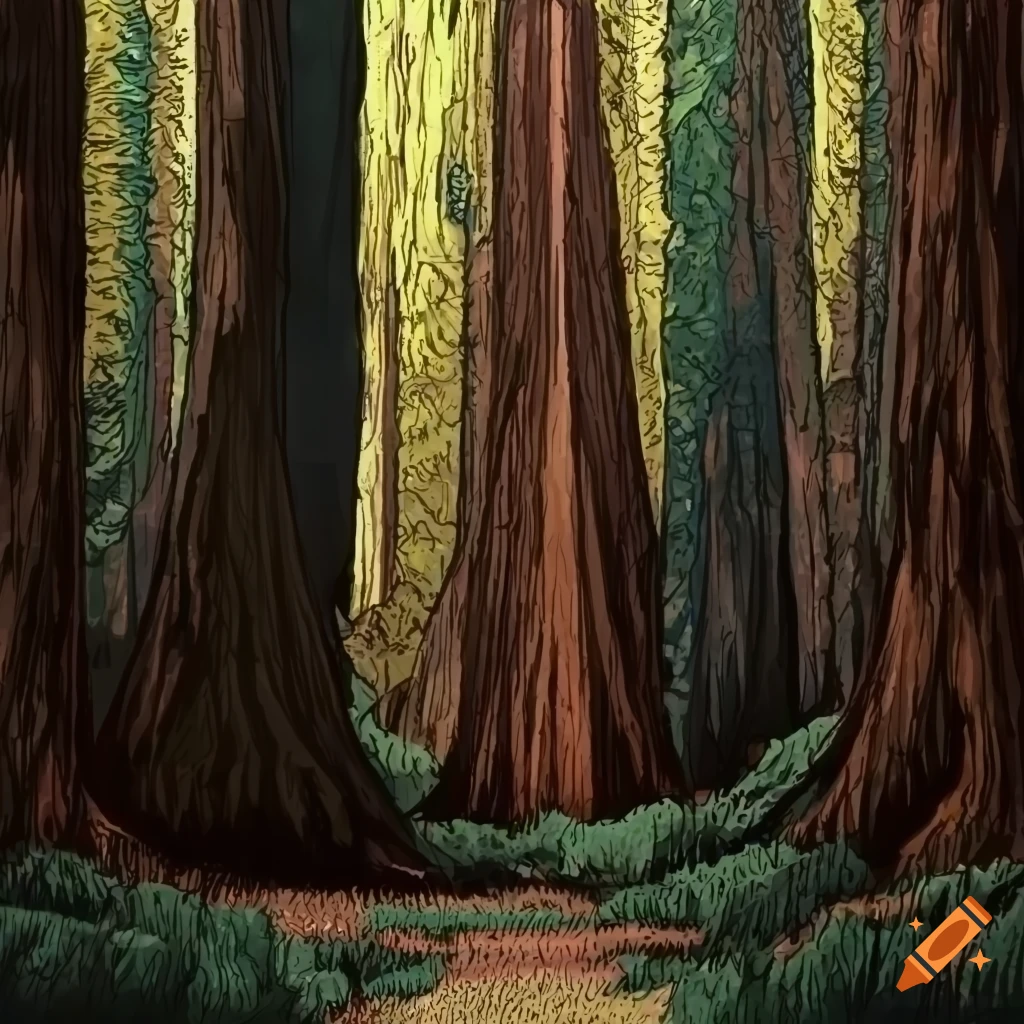 California redwood forest in a northwest scene with illustration and ...