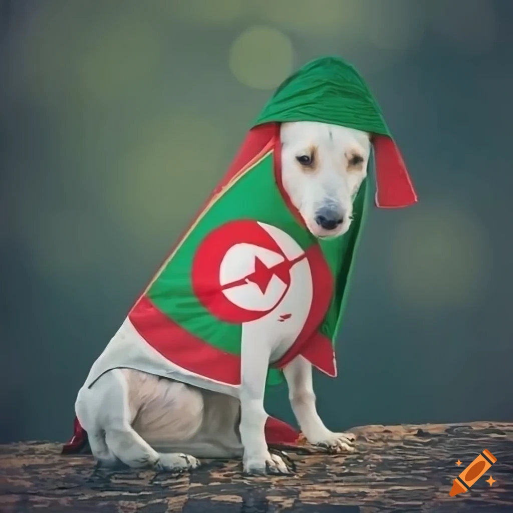 Algerian dog draped in algerian flag sitting in old fantasy style on ...
