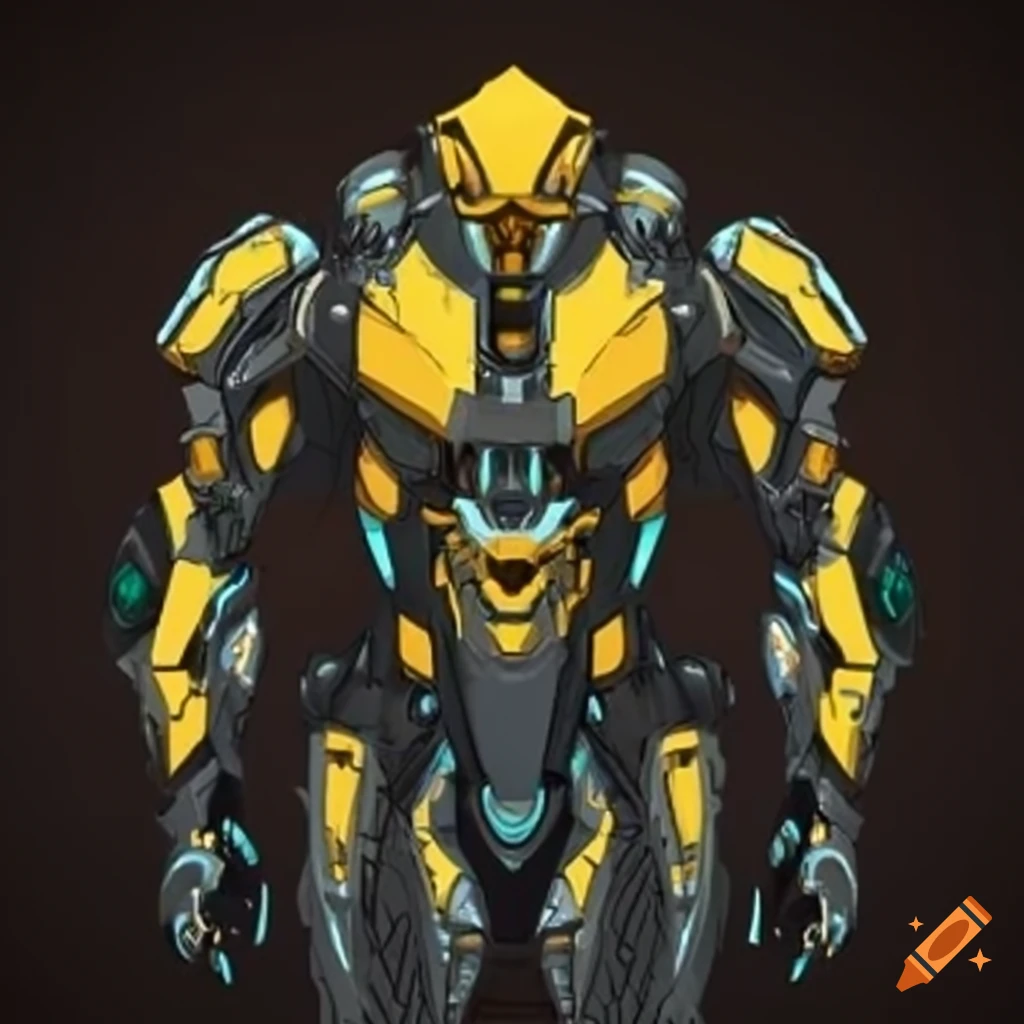 Futuristic yellow and grey humanoid mecha with intricate electronic ...