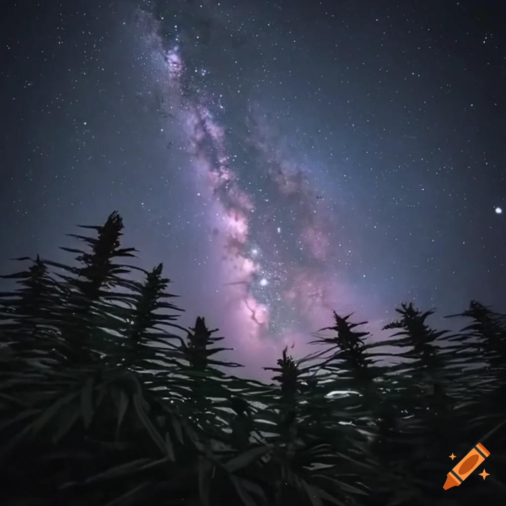 Field of cannabis plants at night with full moon and milky way galaxy ...
