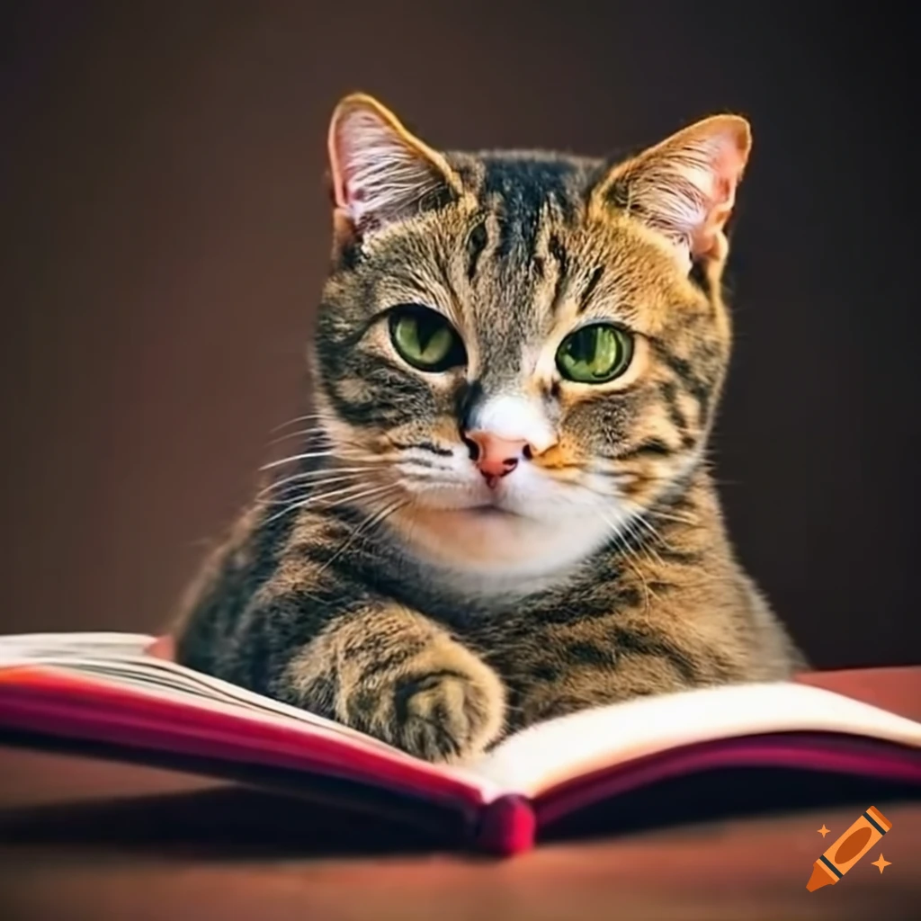 Cat reading a book on Craiyon