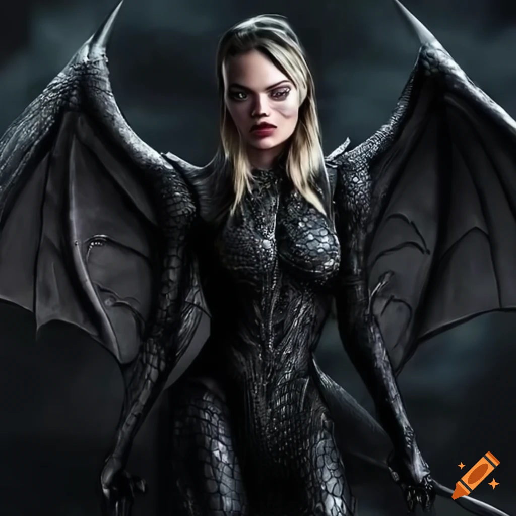 Margot robbie as black dragon with large horns, wings, and tail on Craiyon