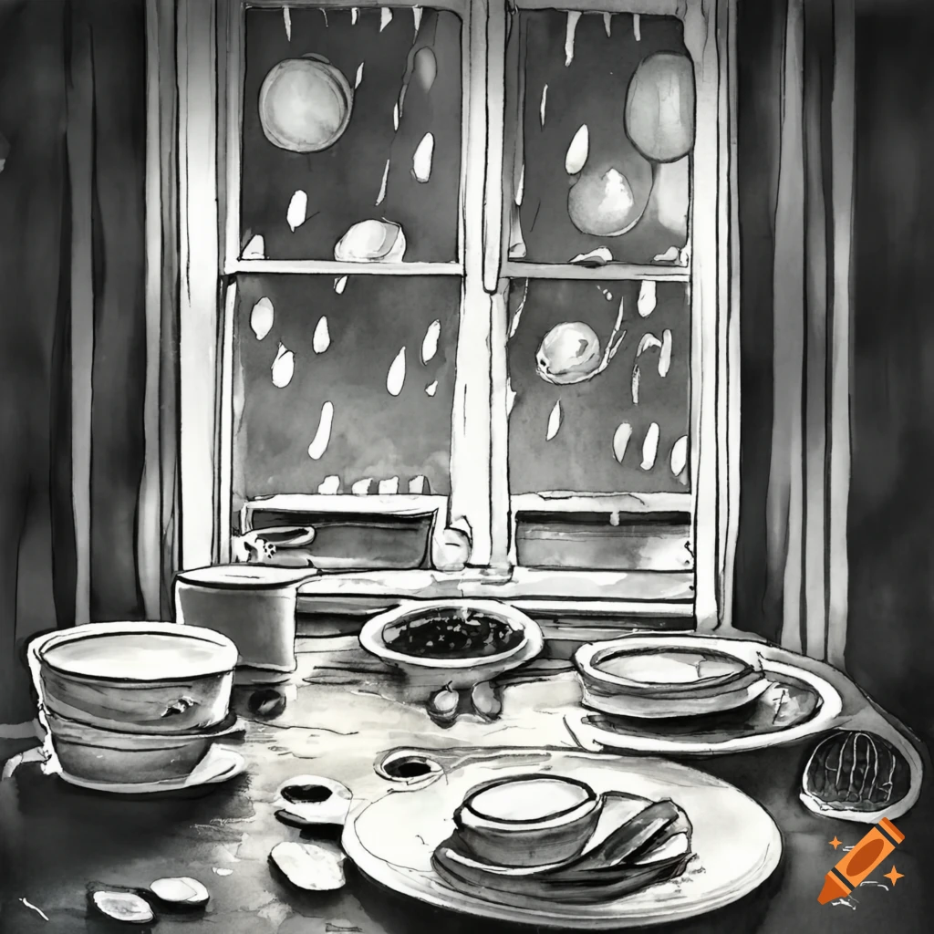 View from 1950s diner window on a rainy day with pancakes on the table ...