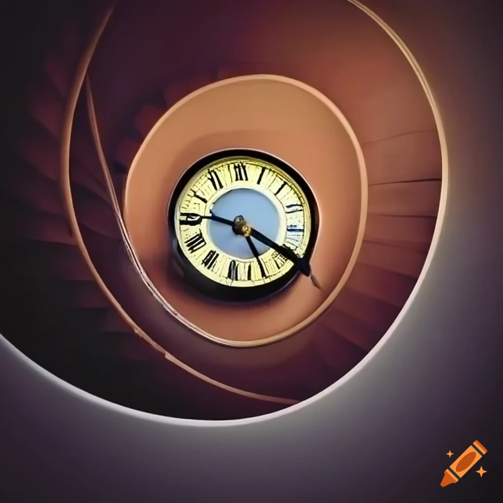 Spiral staircase combined with a clock on Craiyon